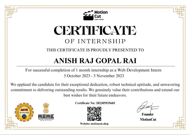 Anish Rai on LinkedIn: #webdevelopment #internshipcompleted #motioncut Anish Rai on LinkedIn: #webdevelopment #internshipcompleted #motioncut