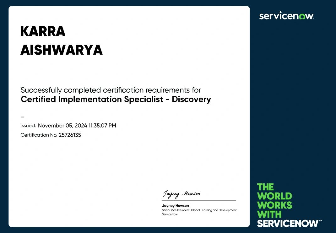Karra Aishwarya on LinkedIn: #servicenow #cisdiscovery #certification # ... Karra Aishwarya on LinkedIn: #servicenow #cisdiscovery #certification # ...