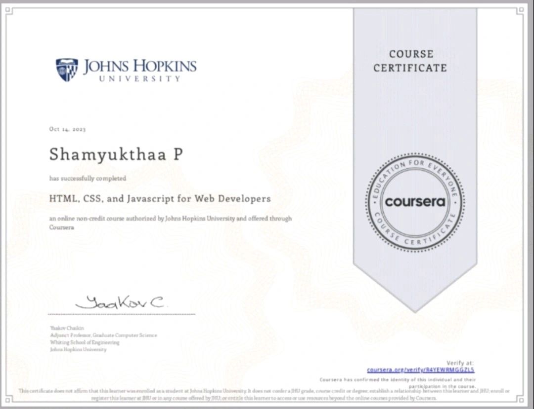 Shamyukthaa P on LinkedIn: ๐๐Just completed the HTML, CSS and ... Shamyukthaa P on LinkedIn: ๐๐Just completed the HTML, CSS and ...