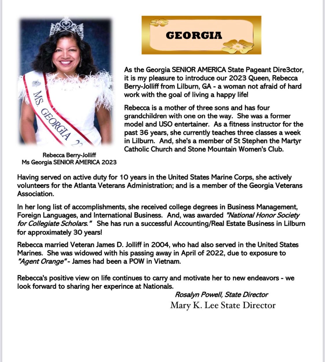 Our 2023 Ms. Georgia Senior America Rebecca Berry-Jolliff will be ... Our 2023 Ms. Georgia Senior America Rebecca Berry-Jolliff will be ...